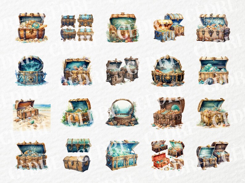 Watercolor Lost Ocean Treasure Clipart, Magical Ocean Treasure Chest ...