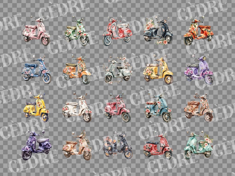 Watercolor Floral Vespas Clipart, Colorful Vespa, Italian Electric ...