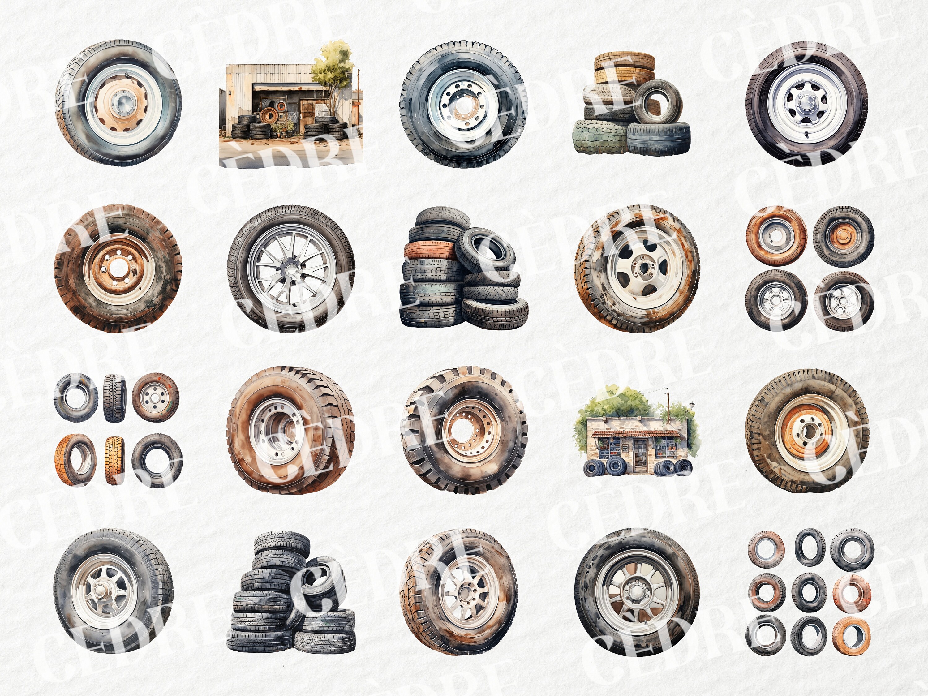 Watercolor Old Car Tyres Clipart, New Car Tire Clipart, Wheels Clipart ...