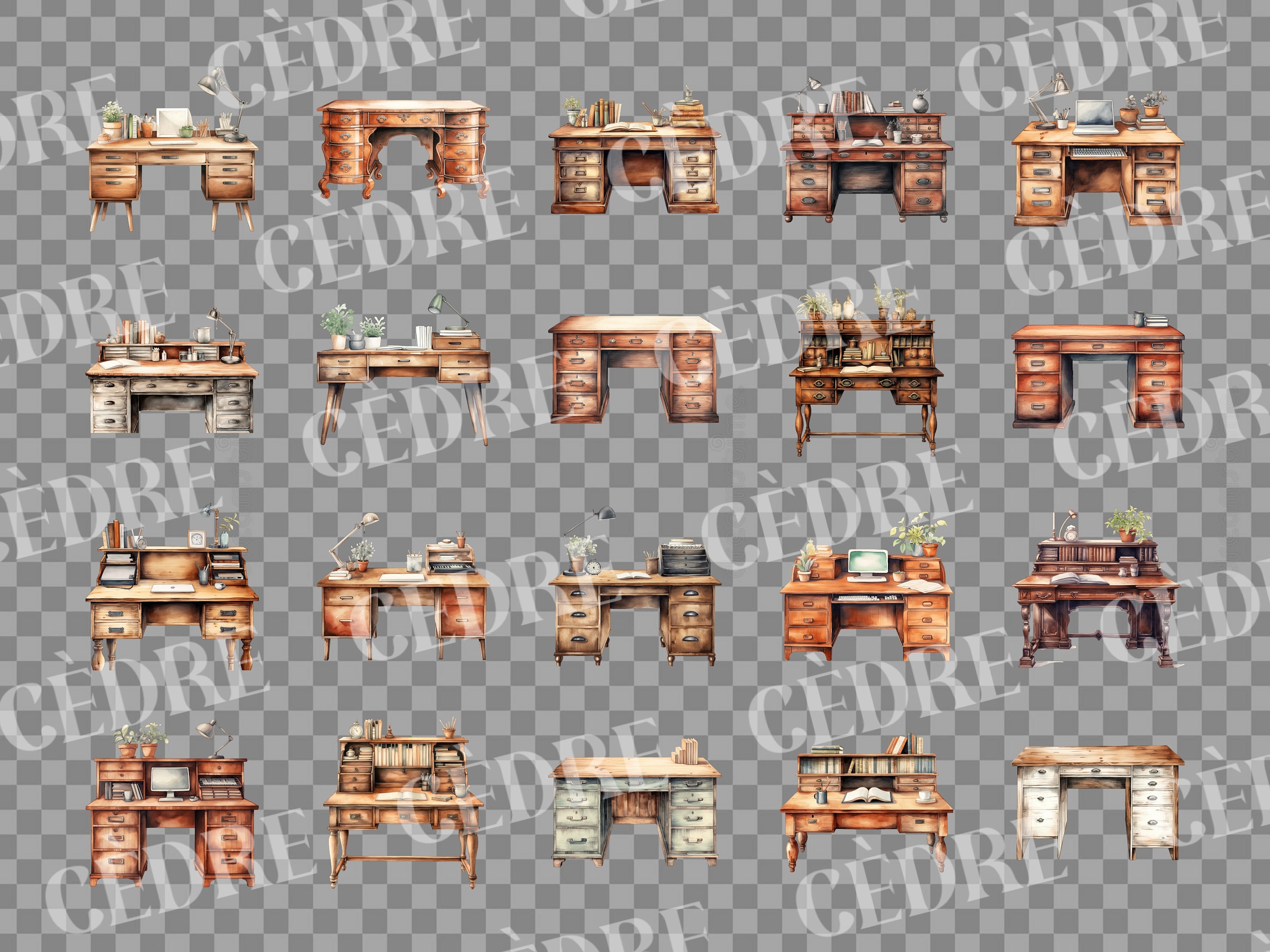 Watercolor Wooden Desk Clipart, Old Study Desk Clipart, Vintage Writing ...