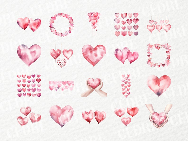 Watercolor Pink Hearts Clipart, Pink Heart Clipart, Heart Shape Clipart ...