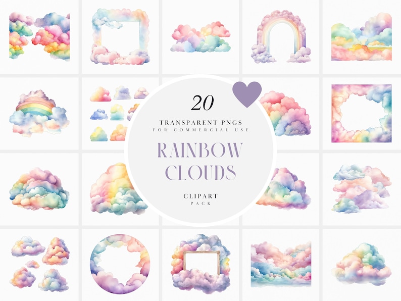 Watercolor Pastel Clouds Clipart, Rainbow Fluffy Clouds Clipart, Whimsical Vibrant Fairytale ...