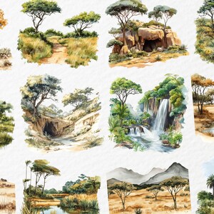 Watercolor Savanna Biome Clipart, Panoramic Landscape Scene, African ...