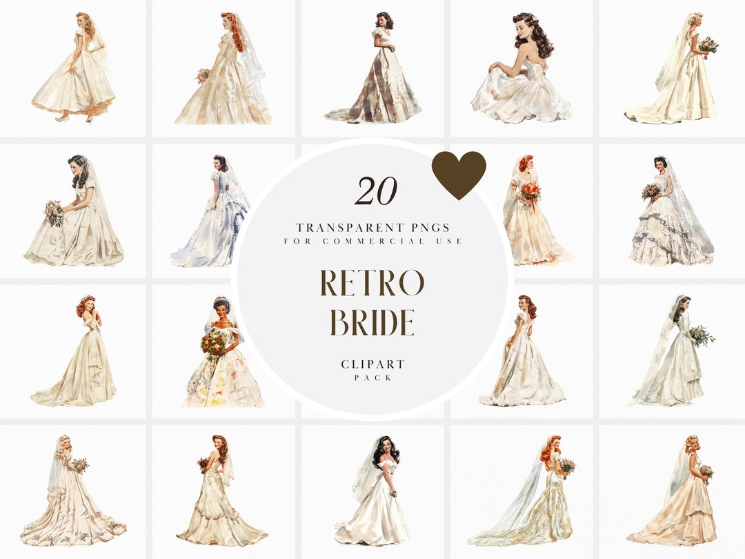Watercolor Retro Bride Clipart, Pin up Vintage Bride Clipart, White ...