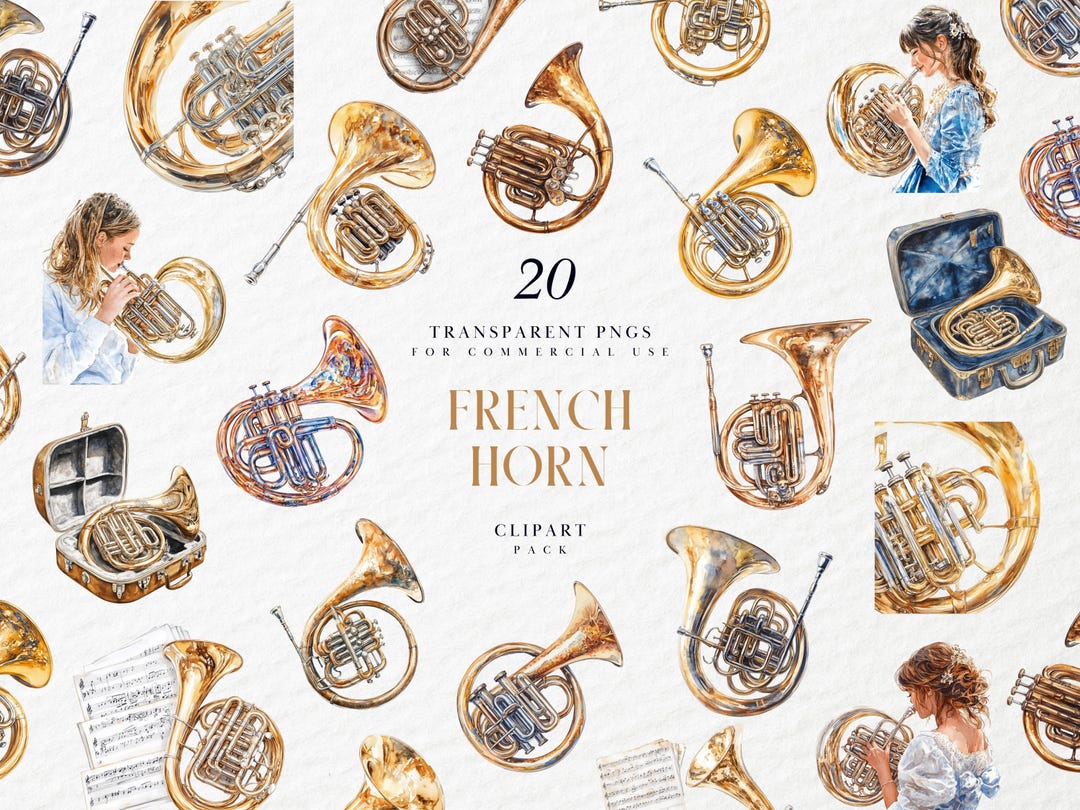 Watercolor French Horn Clipart, Brass Wind Instruments, Jazz Ensemble ...