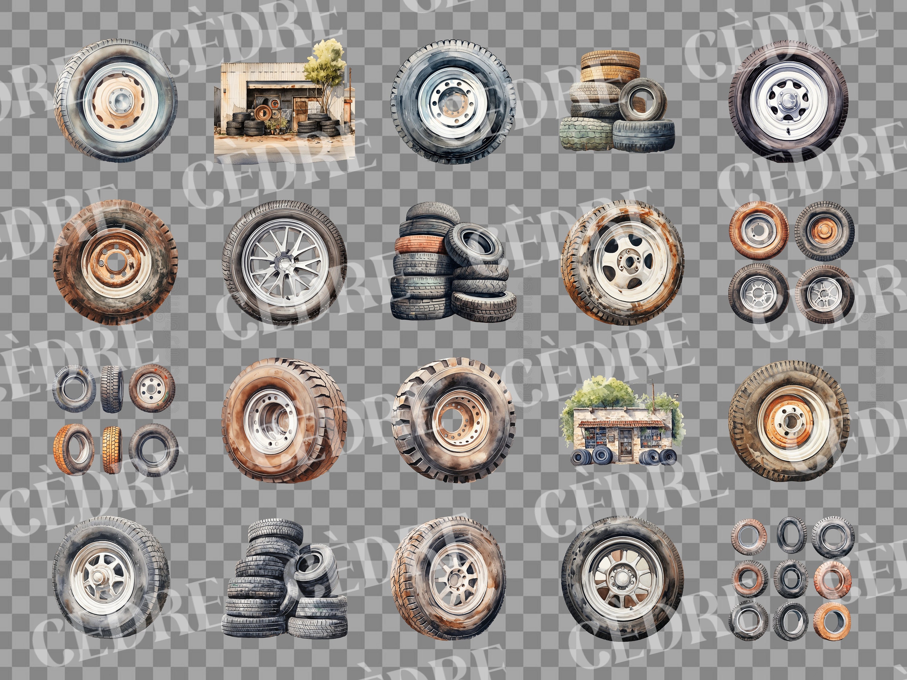 Watercolor Old Car Tyres Clipart, New Car Tire Clipart, Wheels Clipart ...