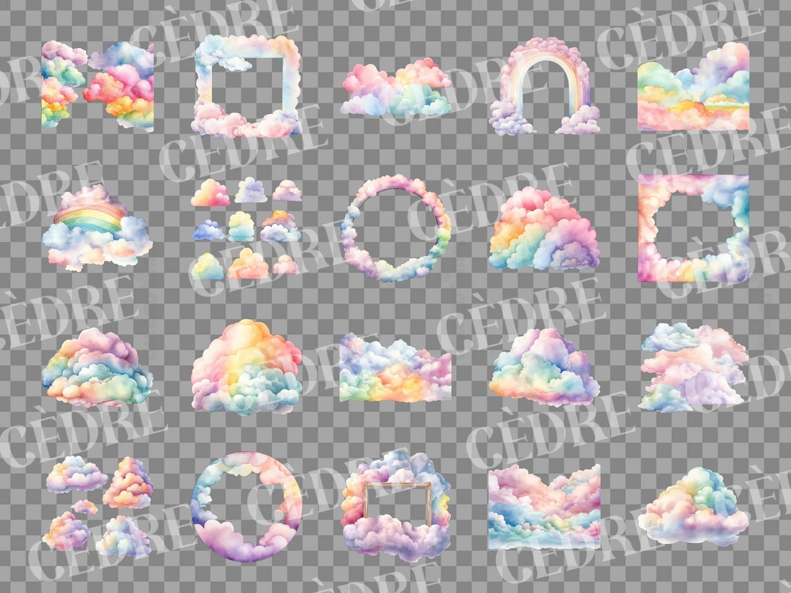 Watercolor Pastel Clouds Clipart, Rainbow Fluffy Clouds Clipart ...
