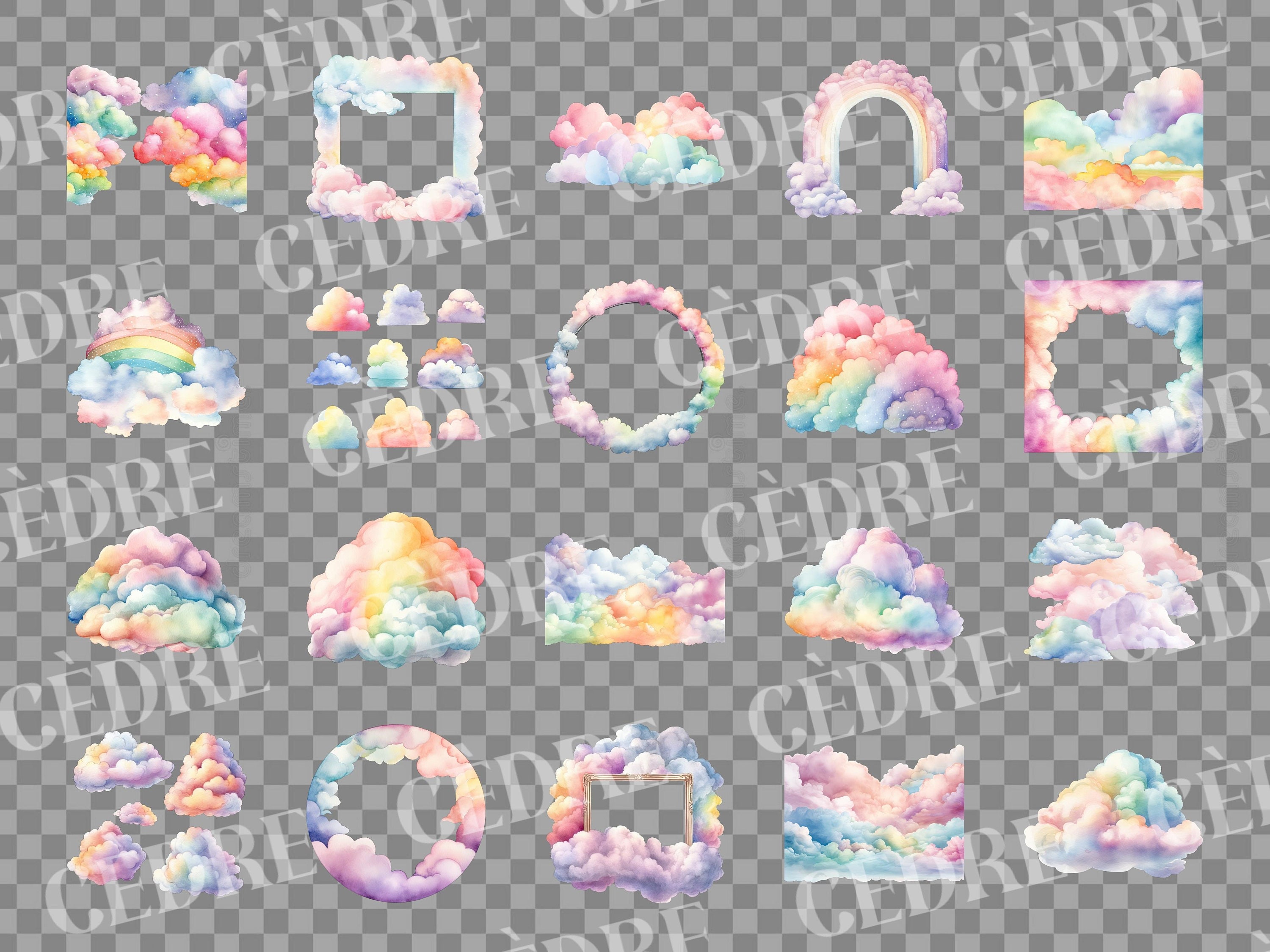 Watercolor Pastel Clouds Clipart, Rainbow Fluffy Clouds Clipart ...