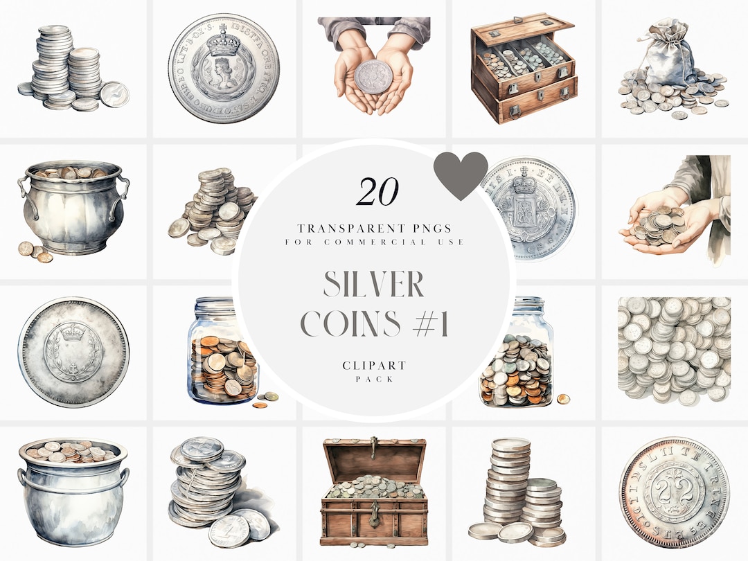 Watercolor Silver Coins Clipart, Lucky Coin Clipart, Cash Currency ...