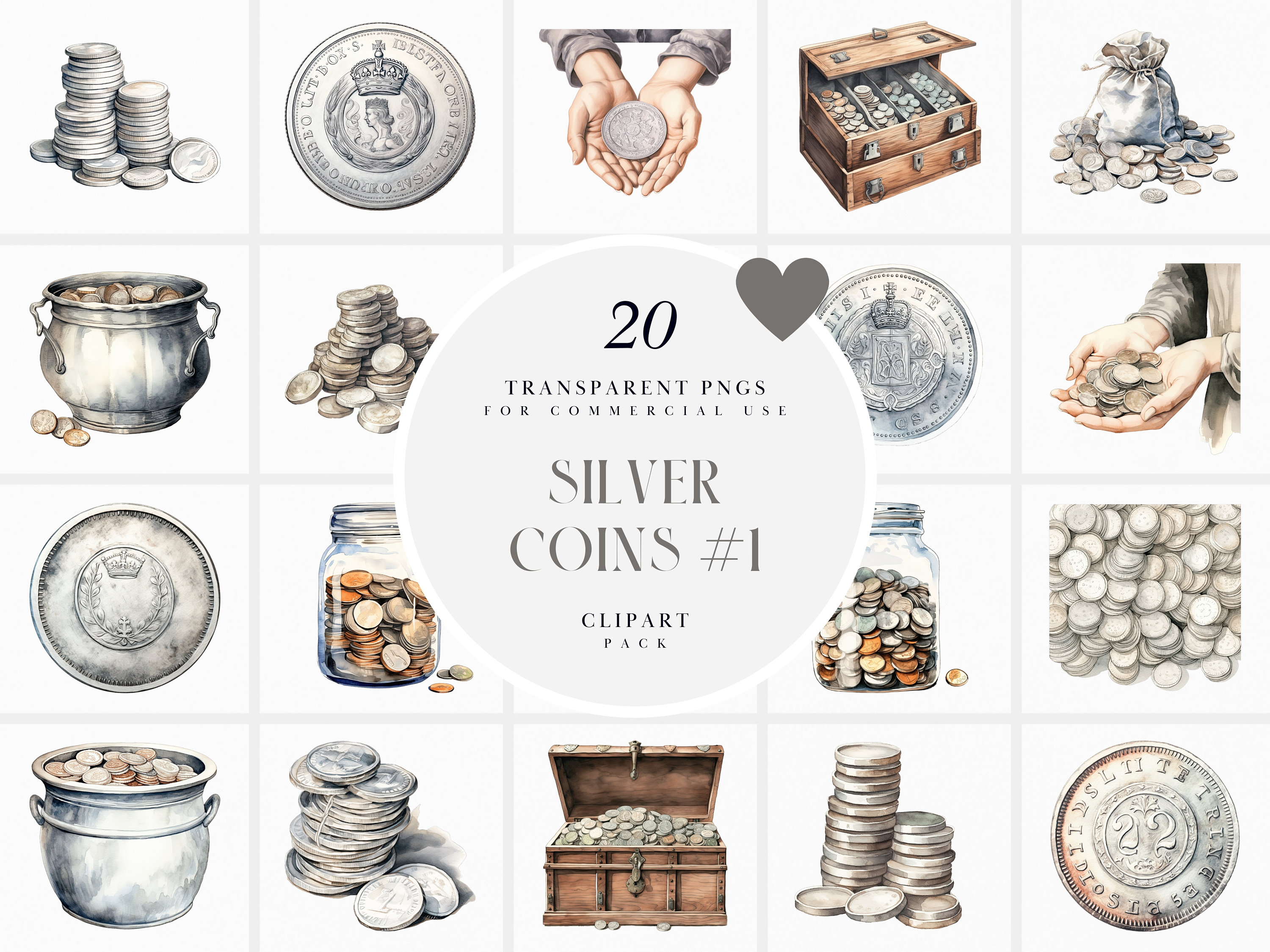Watercolor Silver Coins Clipart, Lucky Coin Clipart, Cash Currency ...