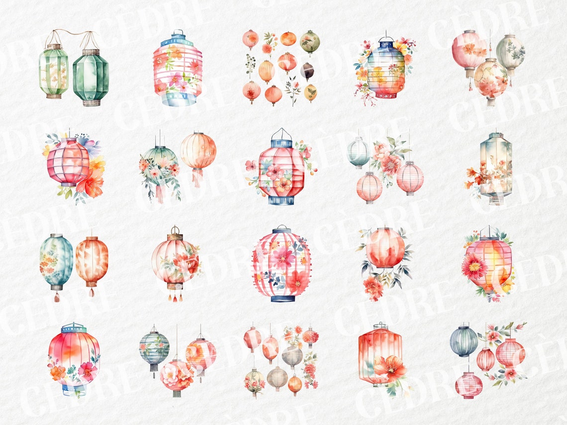 Watercolor Floral Paper Lantern Clipart, Paper Lanterns, Chinese ...