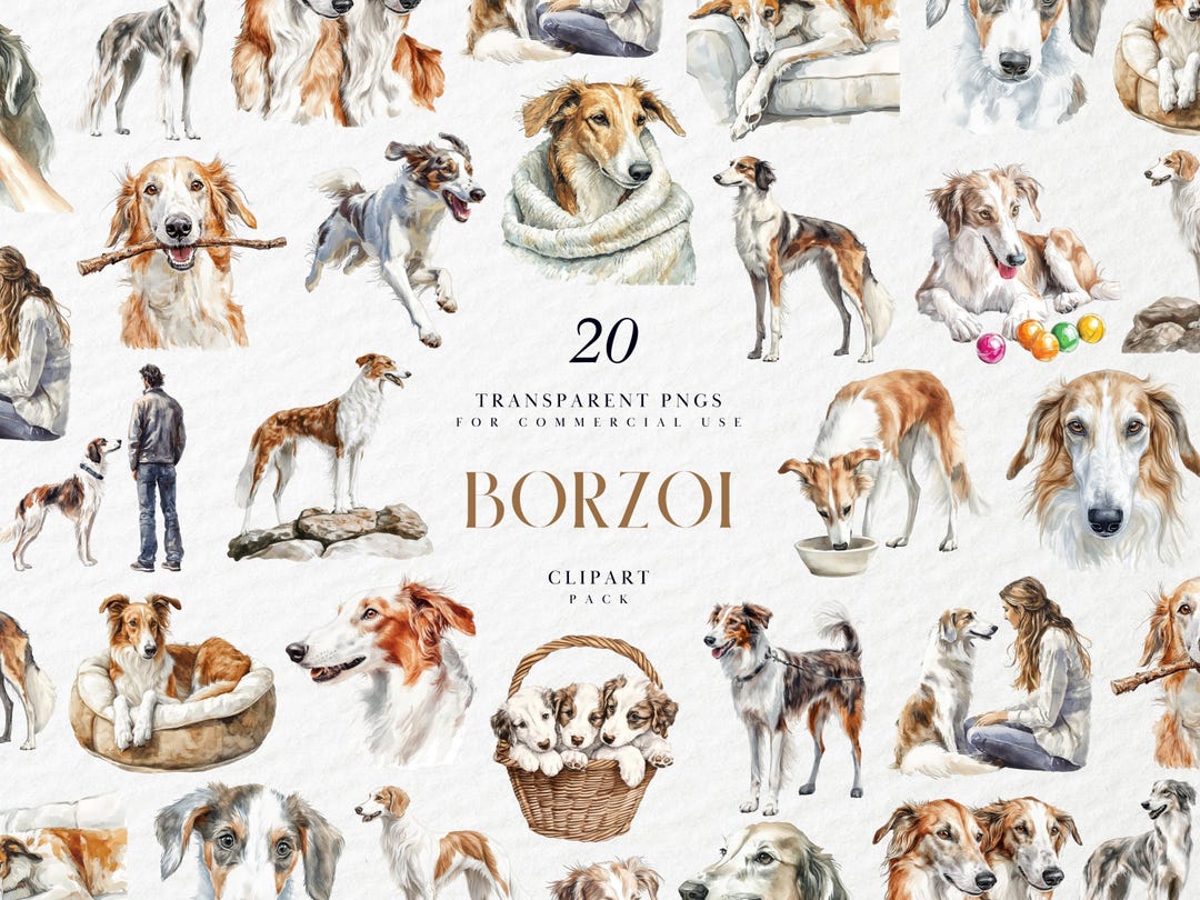 Watercolor Borzoi Clipart, Long-haired Sighthound Portrait, Planner ...