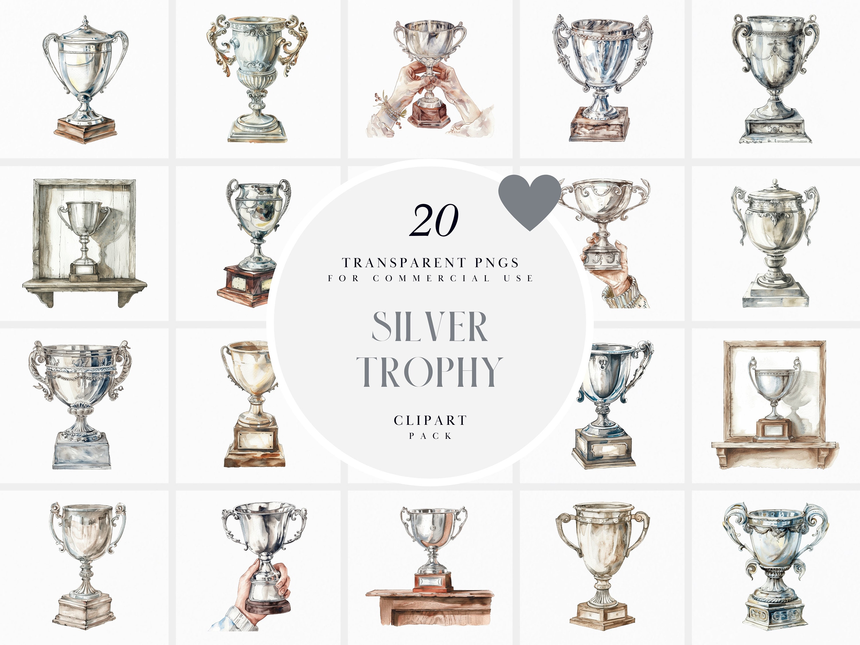Watercolor Silver Trophy Clipart, Victory Clipart, Winners Silver ...