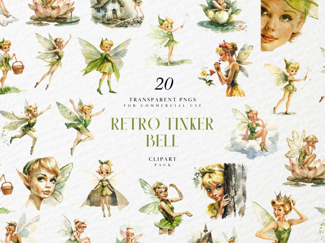 Watercolor Retro Tinker Bell Clipart, Disney Cartoon Characters, Kid ...