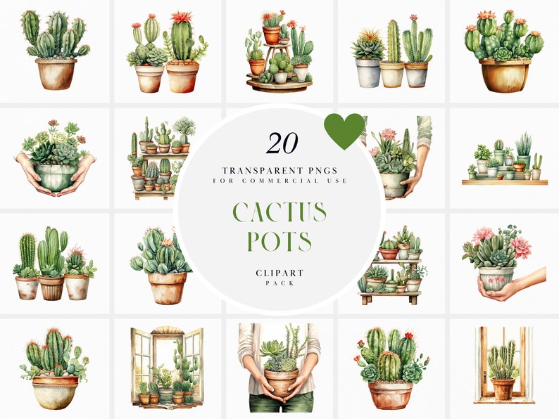 Watercolor Cactus Pot Clipart, Cacti Pot Clipart, Potted Cactus House ...