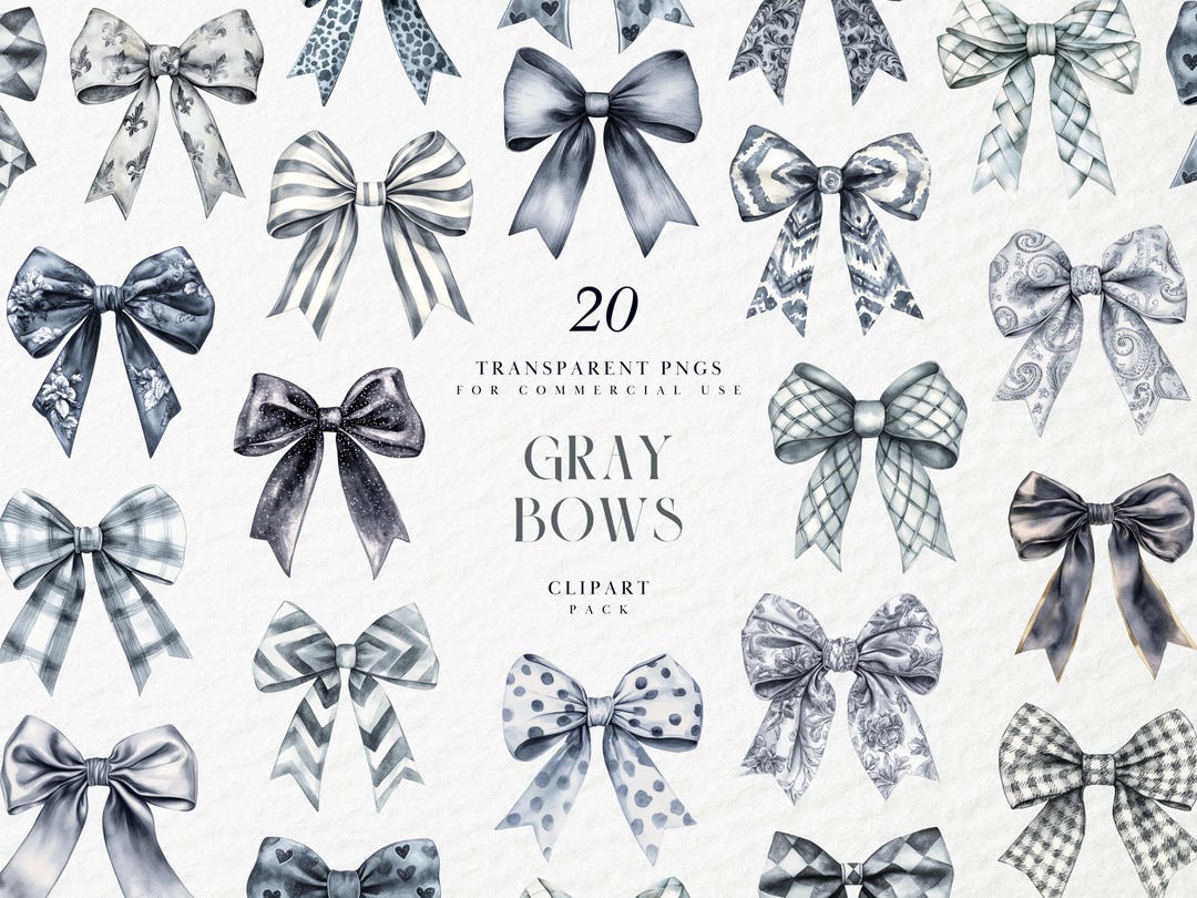 Watercolor Gray Bow Clipart, Gray Bows Clipart, Grey Ribbon Clipart ...