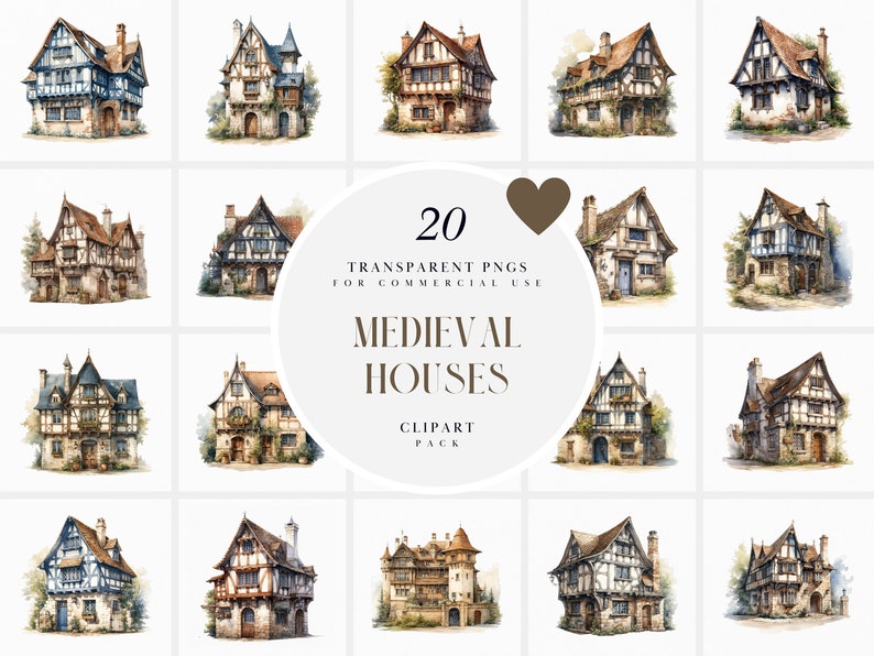 Watercolor Medieval Houses Clipart, Medieval House Clipart, Middle Ages ...