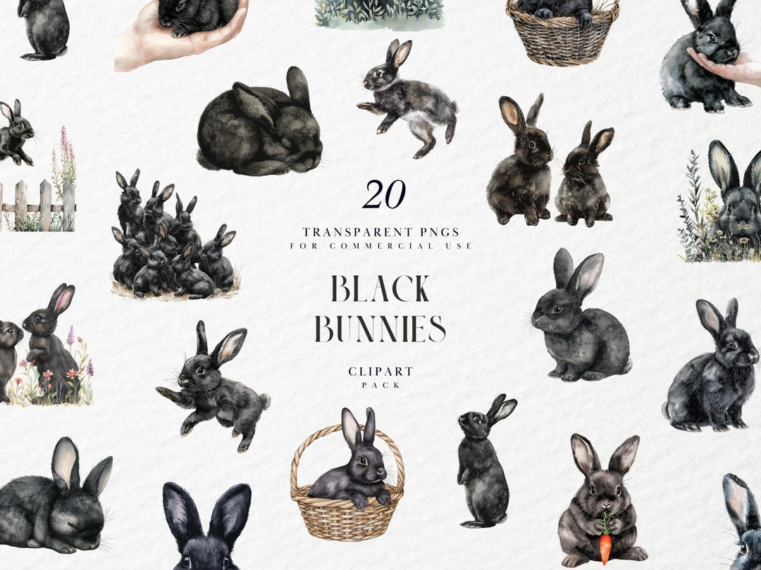 Watercolor Black Bunny Clipart, Cute Black Bunnies Clipart, Jumping ...