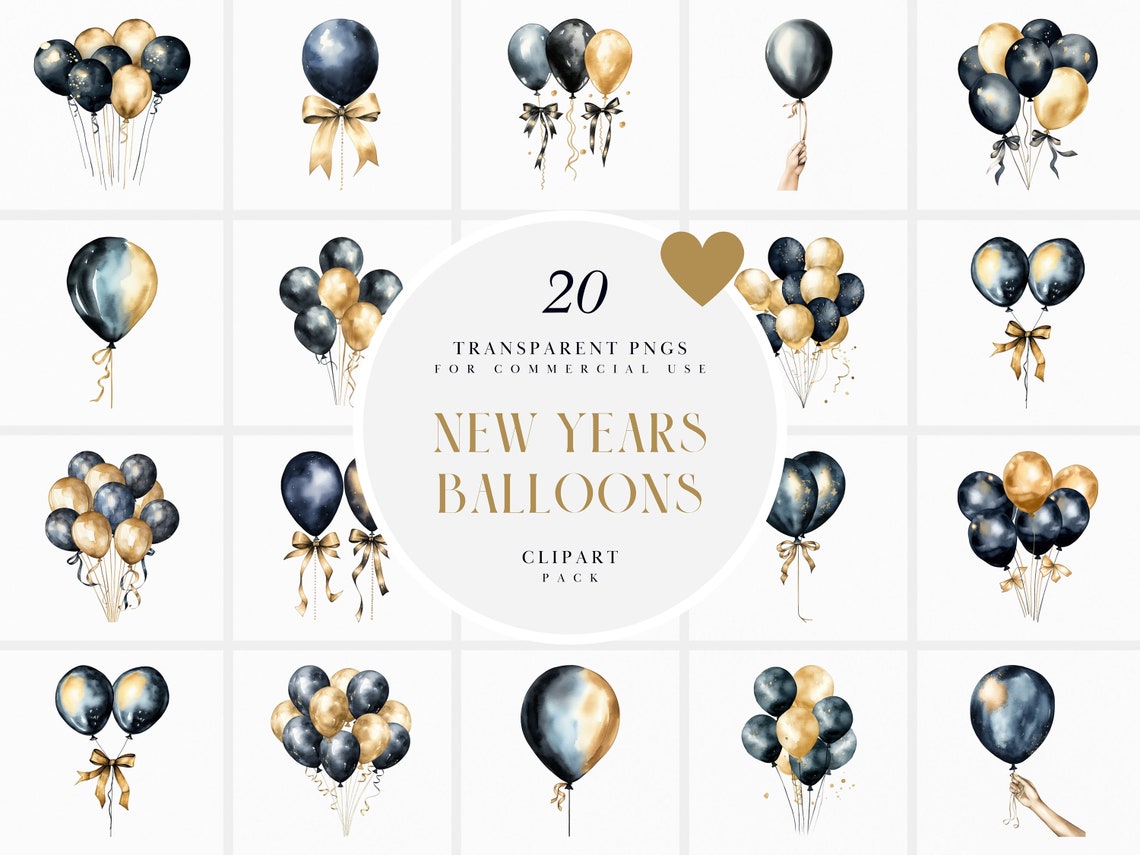 Watercolor New Years Balloons Clipart, NYE Celebratory Balloons Clipart ...