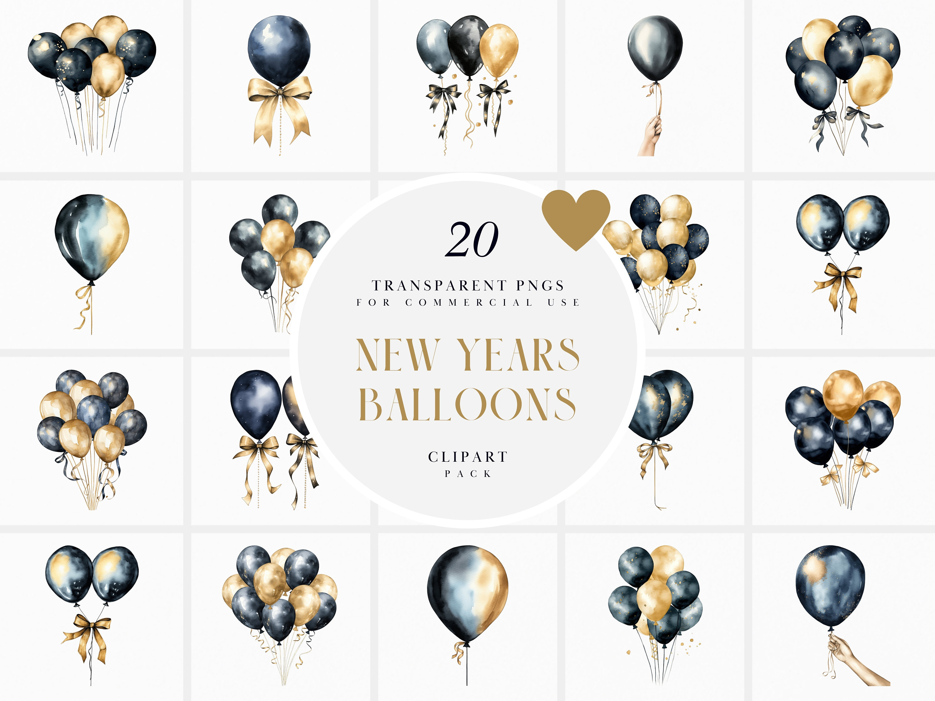 Watercolor New Years Balloons Clipart, NYE Celebratory Balloons Clipart ...