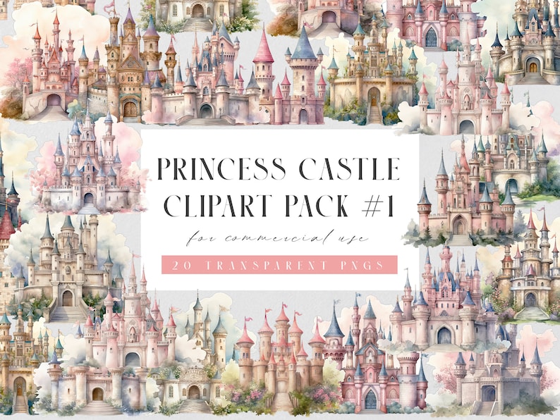 Watercolor Princess Castle Clipart Pink Fairytale Castles - Etsy