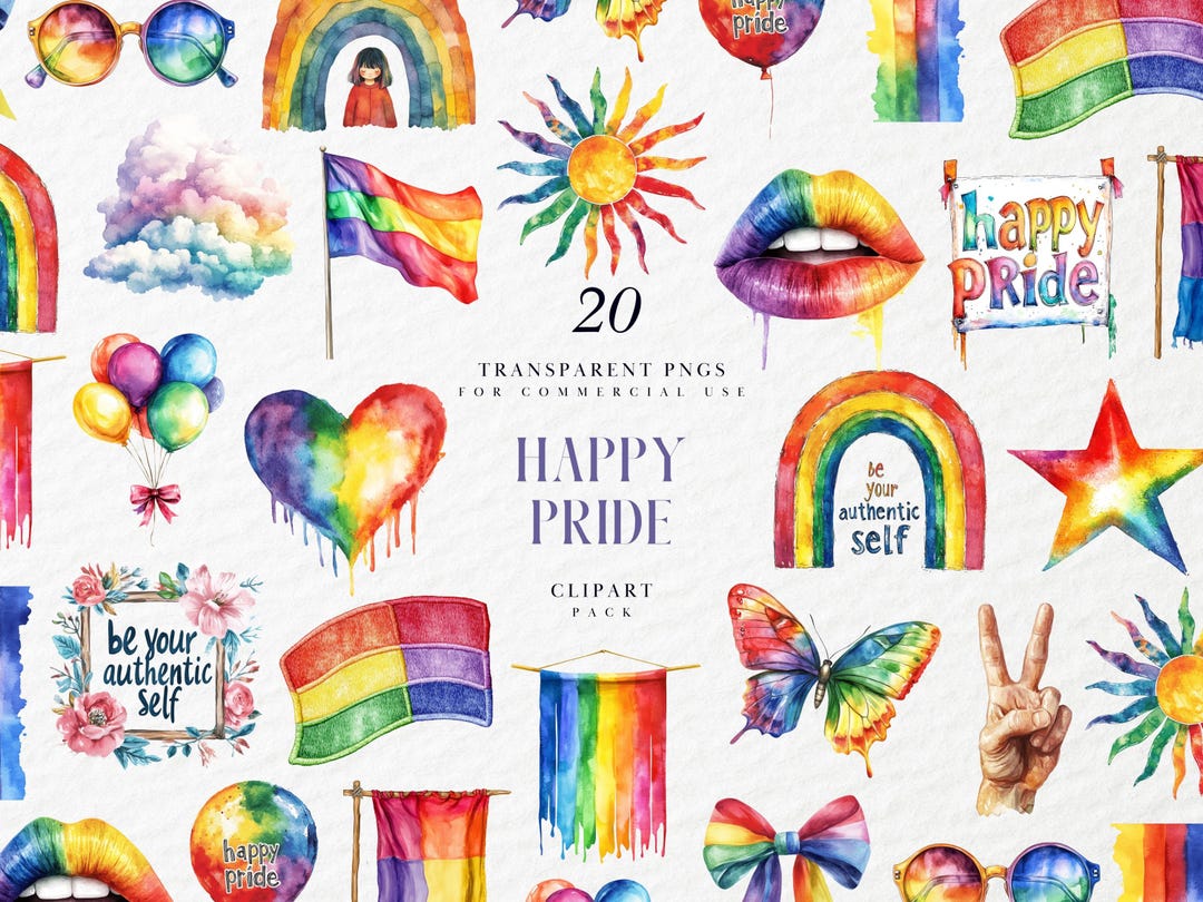 Watercolor Happy Pride Clipart, Colorful LGBTQ+ Rainbow Icons ...