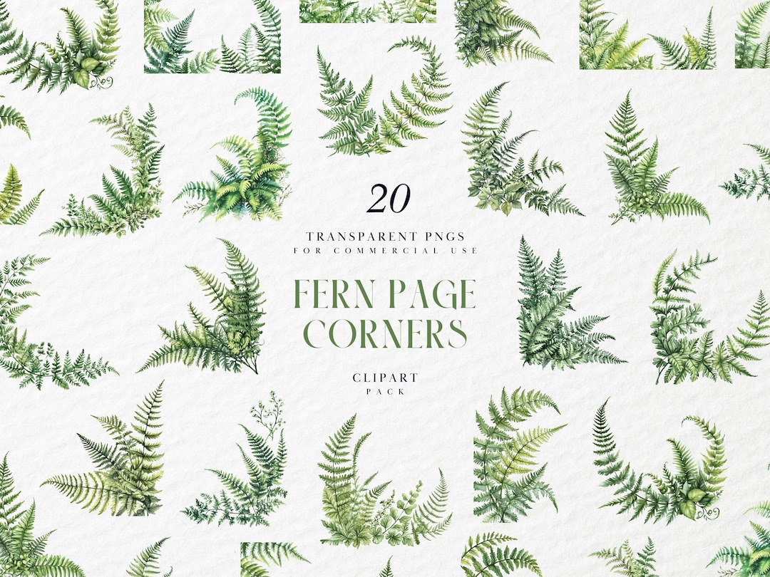 Watercolor Fern Page Corners Clipart, Green Botanical, Woodland Foliage ...