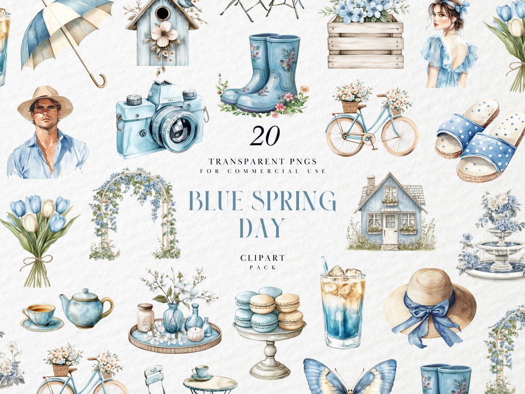 Watercolor Cozy Spring Day Clipart, Blue Themed Neutral Hello ...