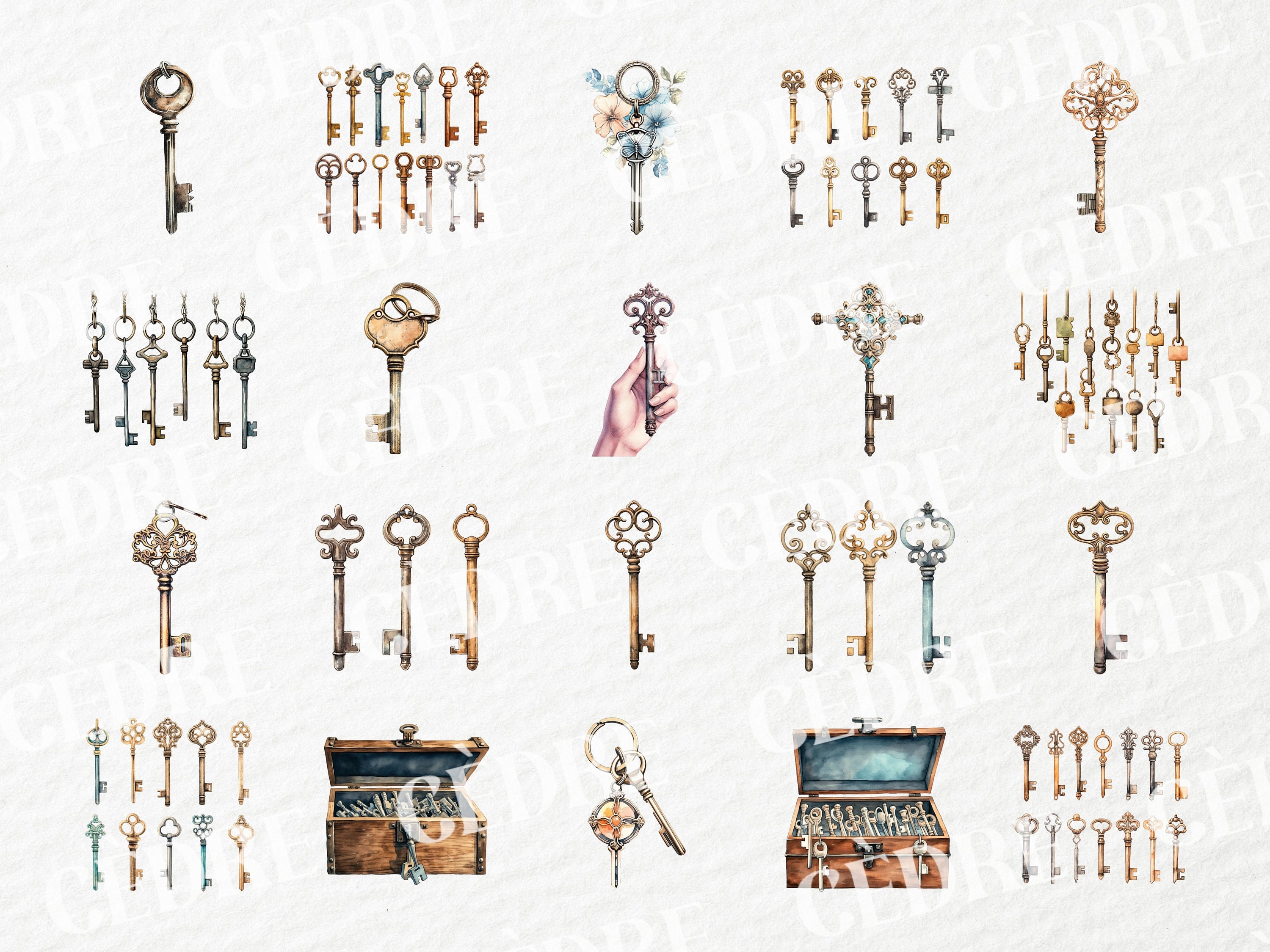 Watercolor Vintage Keys Clipart, Medieval Key Clipart, Rustic Master ...