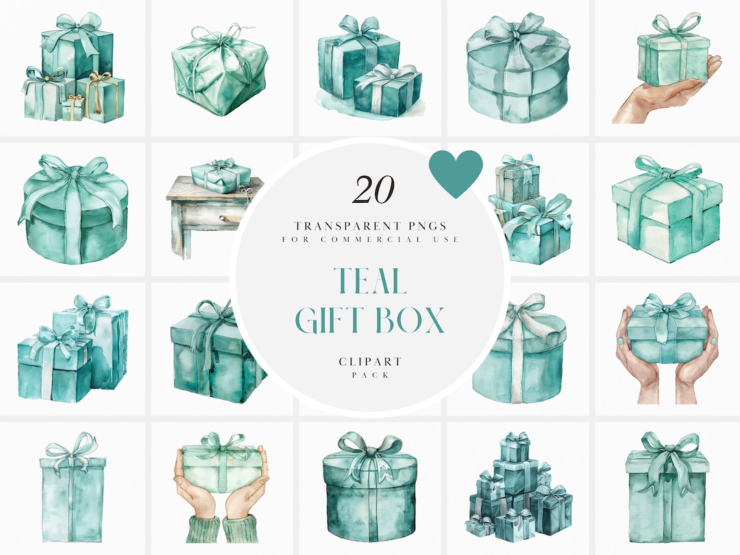 Watercolor Teal Gift Box Clipart, Teal Present Clipart, Wrapped Gift ...