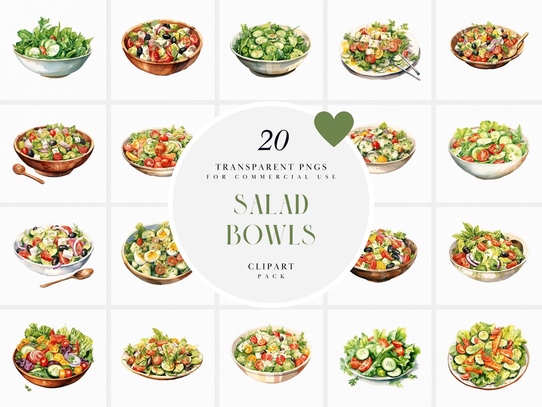 Watercolor Mixed Salad Clipart, Green Salad Bowl Clipart, Fresh Garden ...
