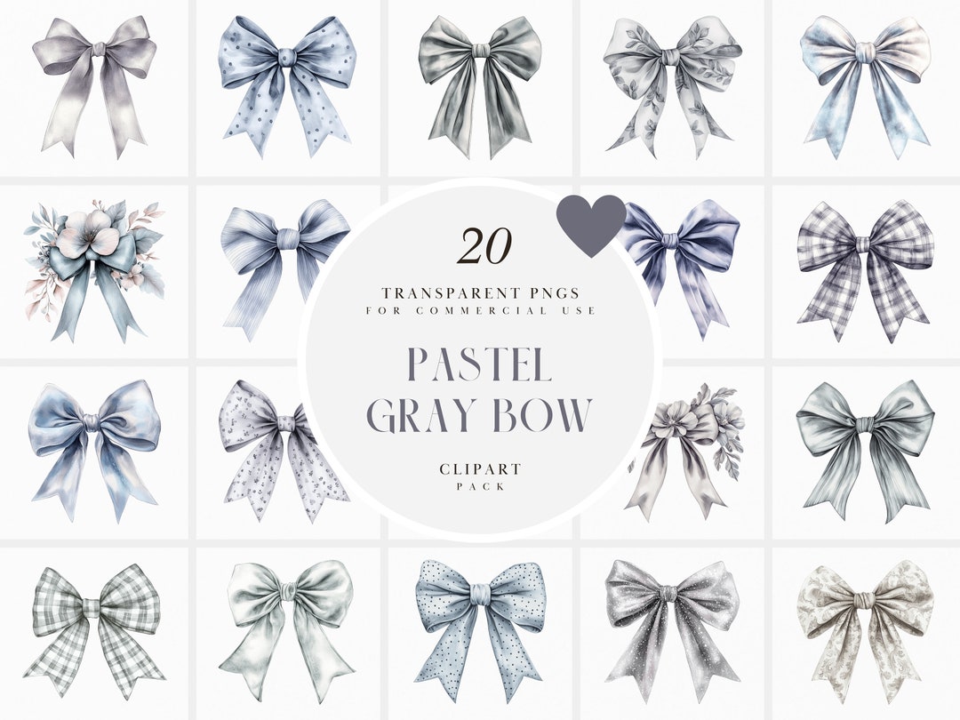 Watercolor Pastel Gray Bow Clipart, Light Gray Bows, Soft Grey Ribbon ...