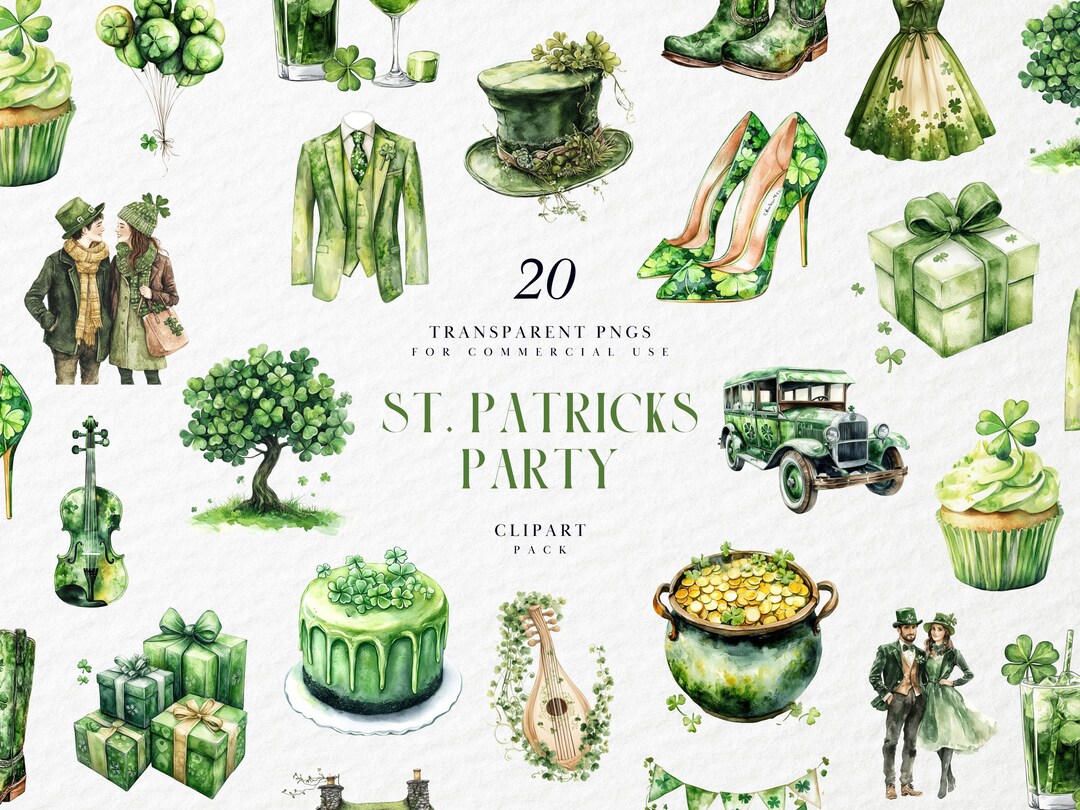 Watercolor St Patricks Day Party Clipart, Green Festive Elements ...