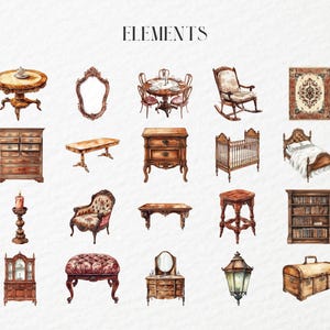 Watercolor Victorian Furniture Clipart, Antique Chair, Table, Regency ...