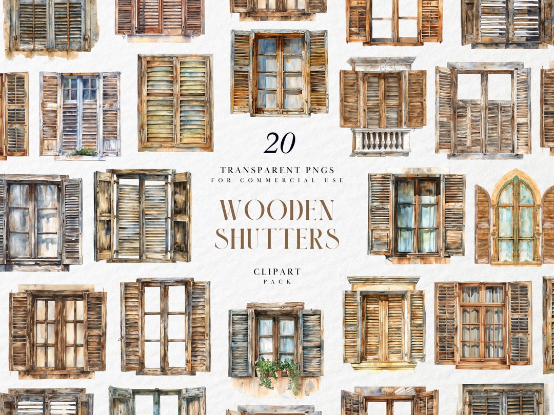 Watercolor Wooden Window Shutters Clipart, Wood Plantation Shutter ...