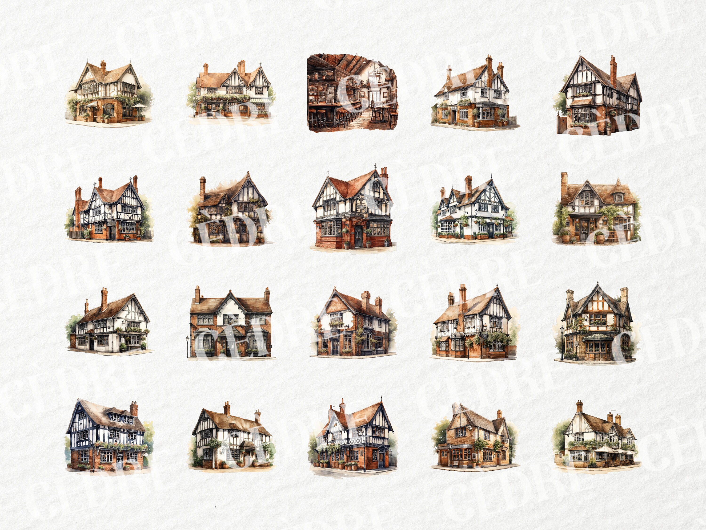 Watercolor English Pub Clipart, English Pubs Clipart, Old Tavern ...