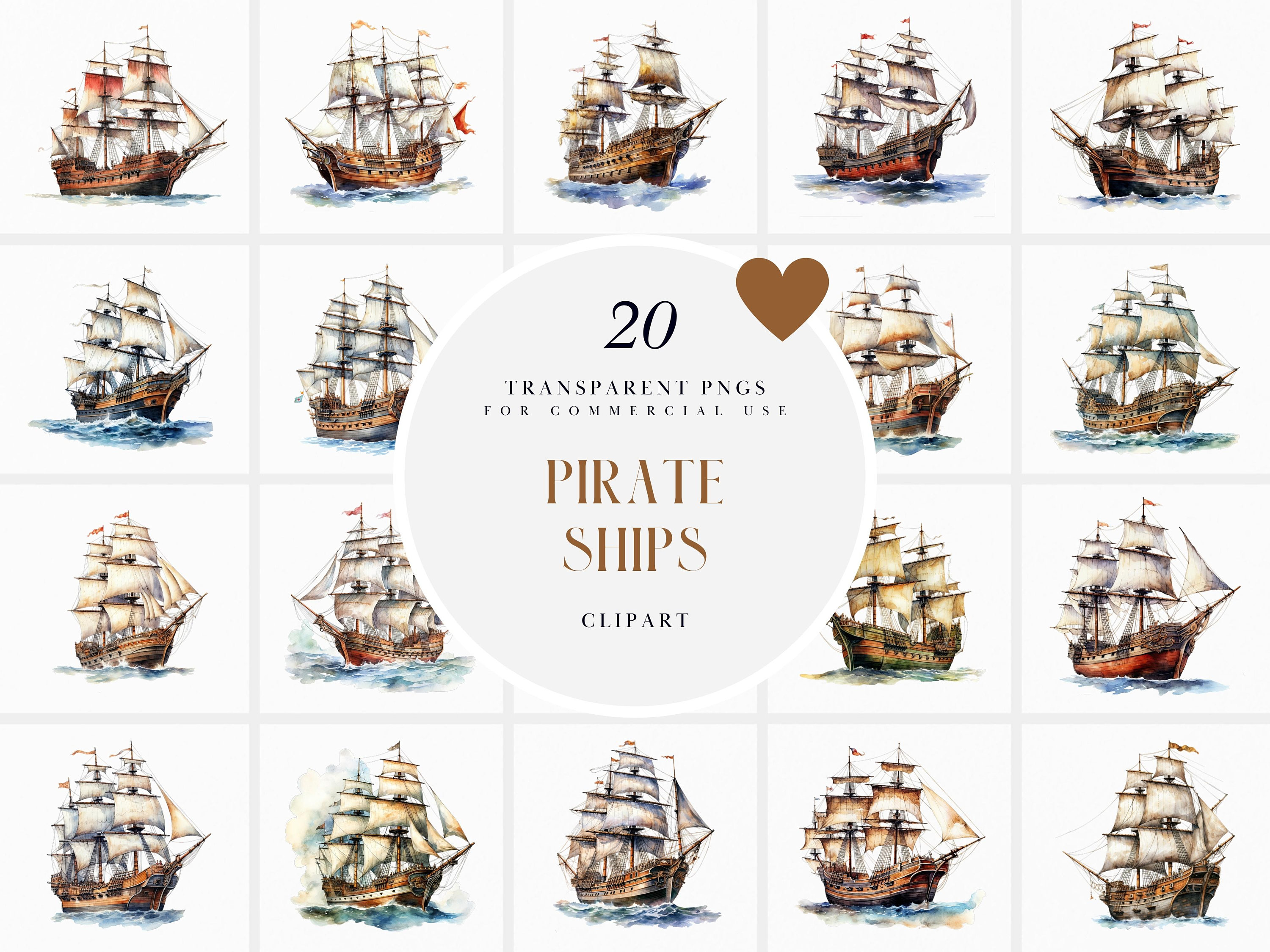 Watercolor Pirate Ships Clipart, Old Pirate Ship Clipart, Pirates ...