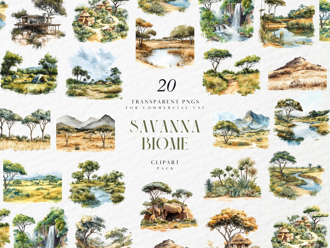 Watercolor Savanna Biome Clipart, Panoramic Landscape Scene, African ...