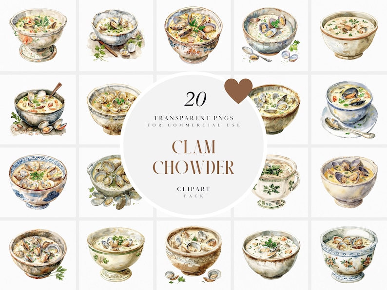 Watercolor Clam Chowder Soup Clipart, Cozy Clam Chowder Clipart ...