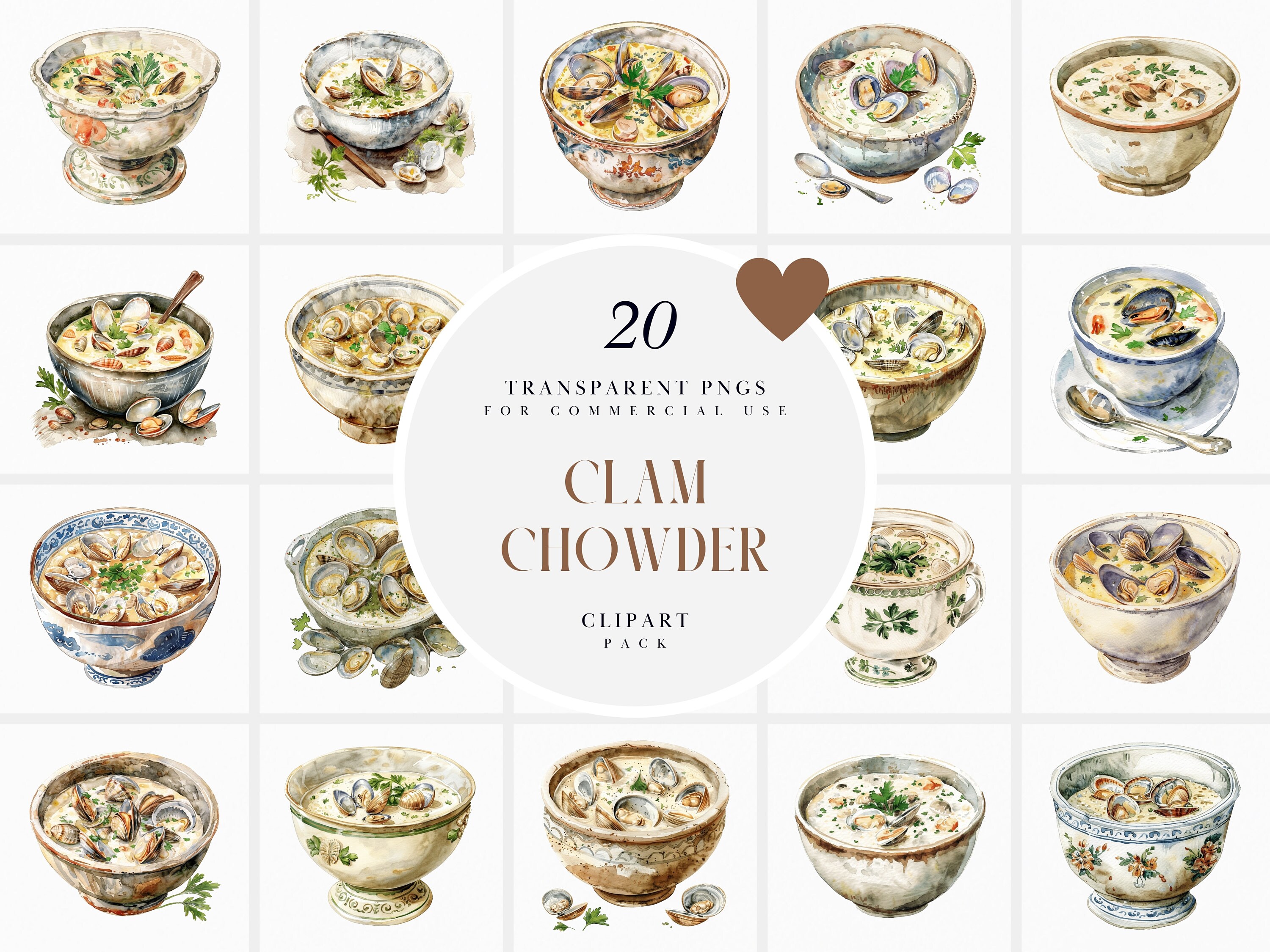Watercolor Clam Chowder Soup Clipart, Cozy Clam Chowder Clipart ...