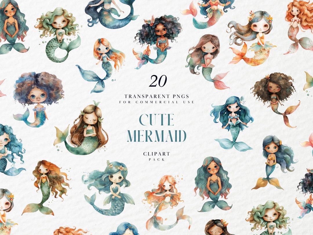 Watercolor Cute Mermaid Clipart, Under the Sea, Kids Children's ...
