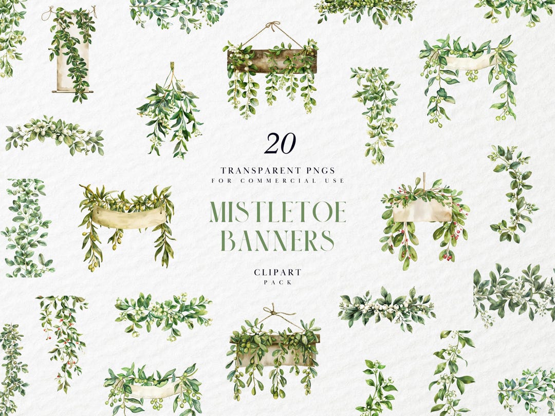 Watercolor Mistletoe Banner Clipart, Hanging Banner, Scroll, Bunting ...