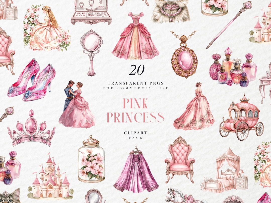 Watercolor Pink Princess Clipart, Royal Fantasy Girl, Crown Gown, Cute ...