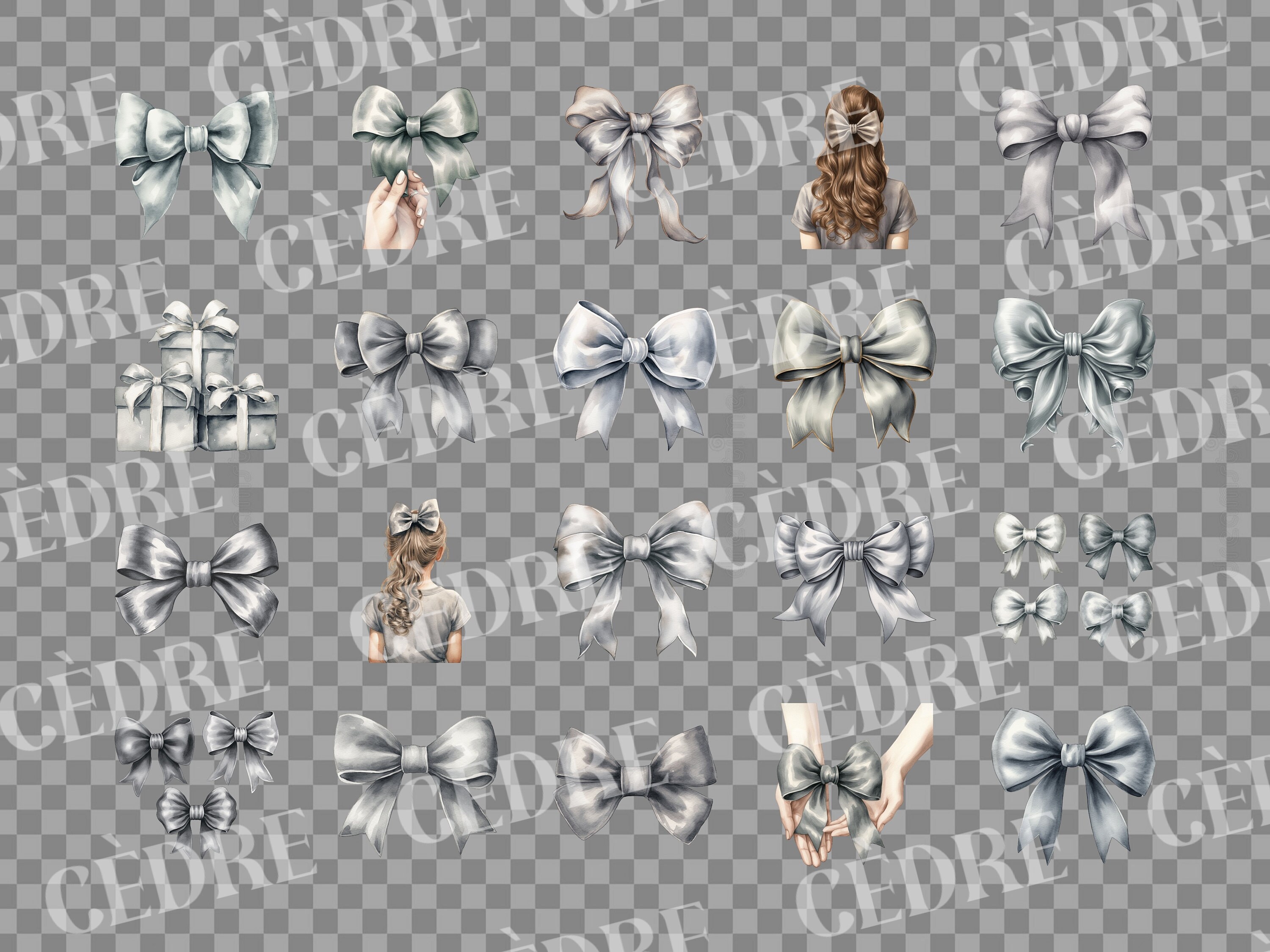 Watercolor Gray Bow Clipart, Gray Bows Clipart, Grey Ribbon Clipart ...