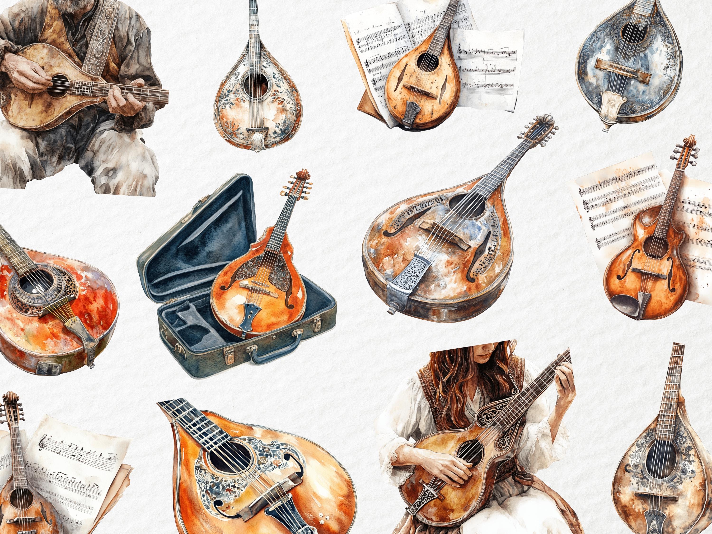 Watercolor Mandolin Clipart, Lute, Stringed Instruments, Classic Musical Playing, Folk Music ...