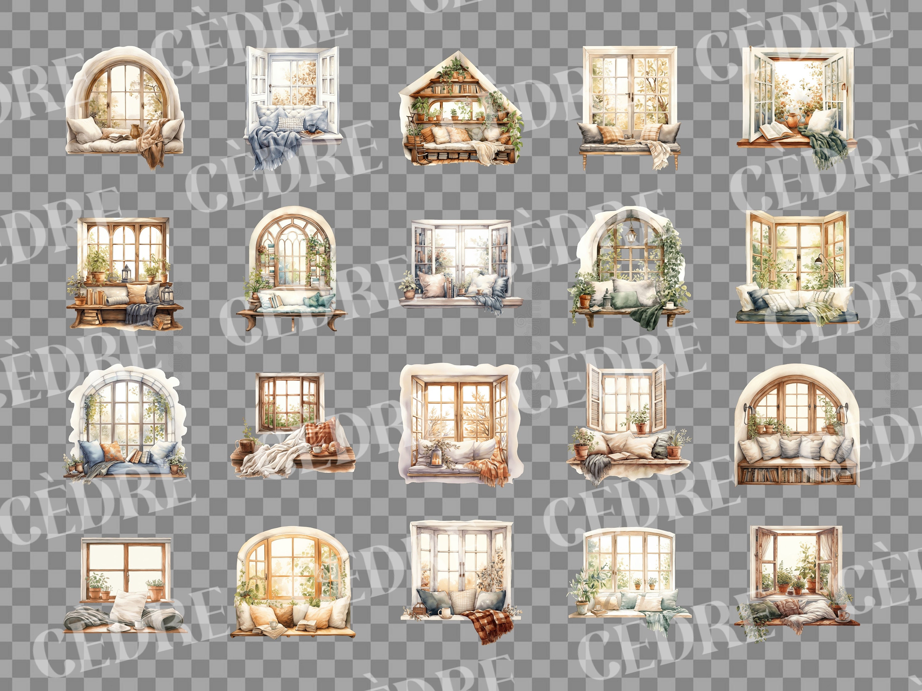 Watercolor Window Seat Clipart, Cozy Window Seats Clipart, Reading Nook ...