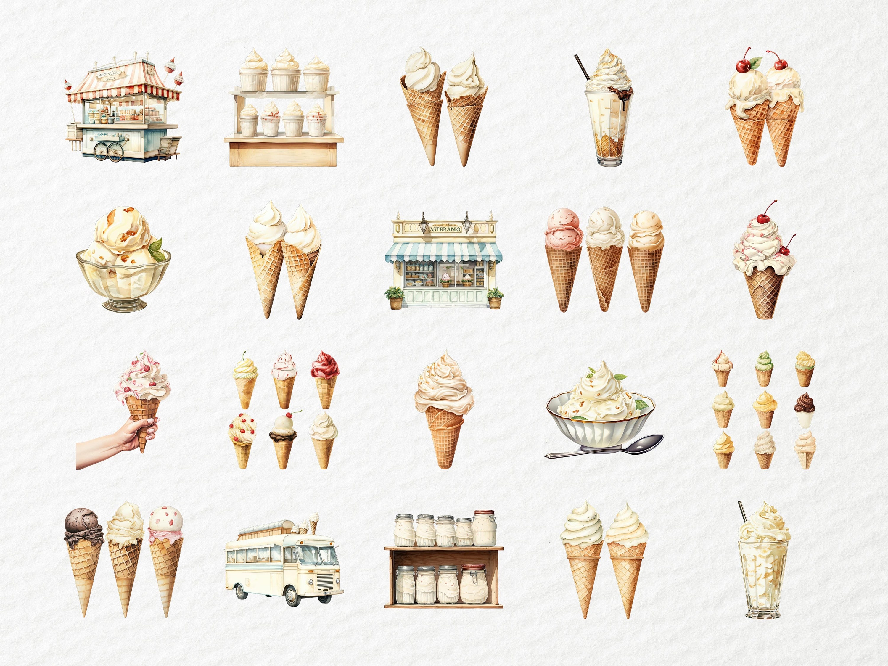 Watercolor Vanilla Ice Cream Clipart, Ice Cream Cone Clipart, Vanilla ...