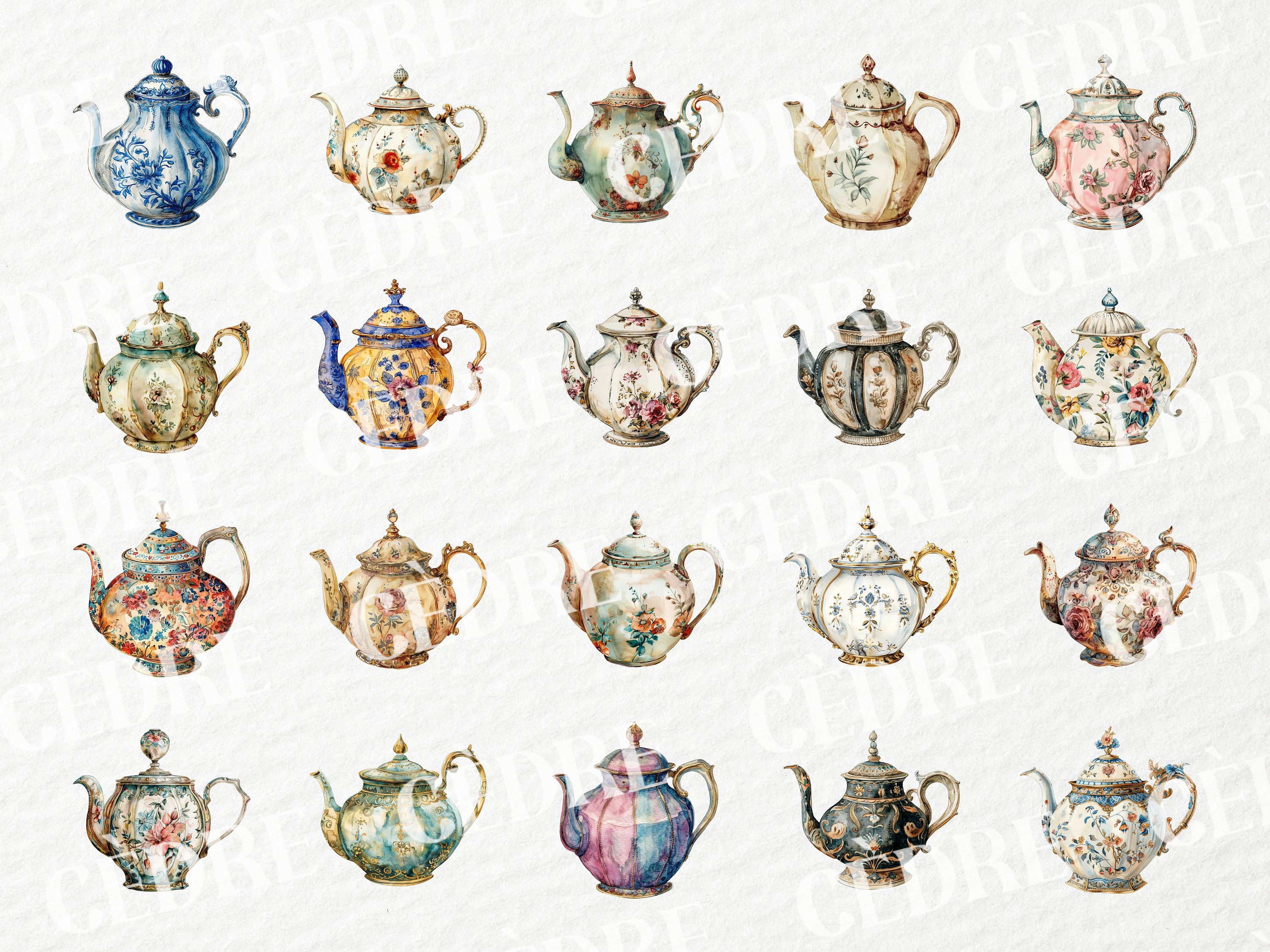 Watercolor Victorian Teapot Clipart, Victorian Teapots Clipart, Antique ...