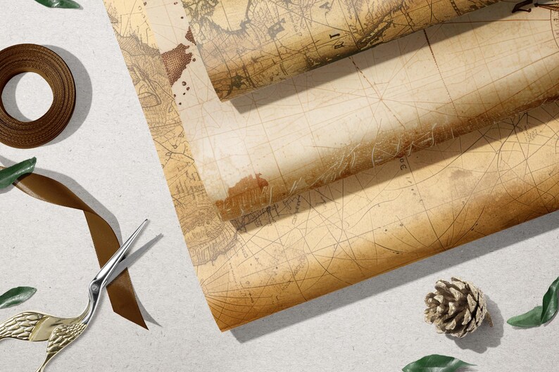 Aged Map Digital Papers, Stained Old Map Digital Patterns, Vintage Map ...