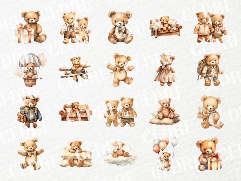 Watercolor Brown Teddy Bears Clipart, Brown Nursery Teddy Bear Clipart ...